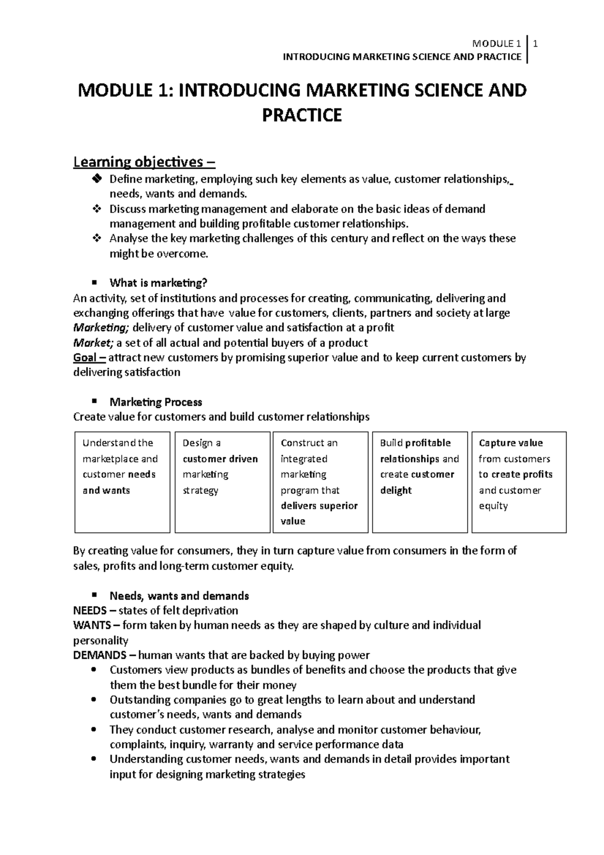 Marketing Management - Summary - MODULE 1 - INTRODUCING MARKETING ...