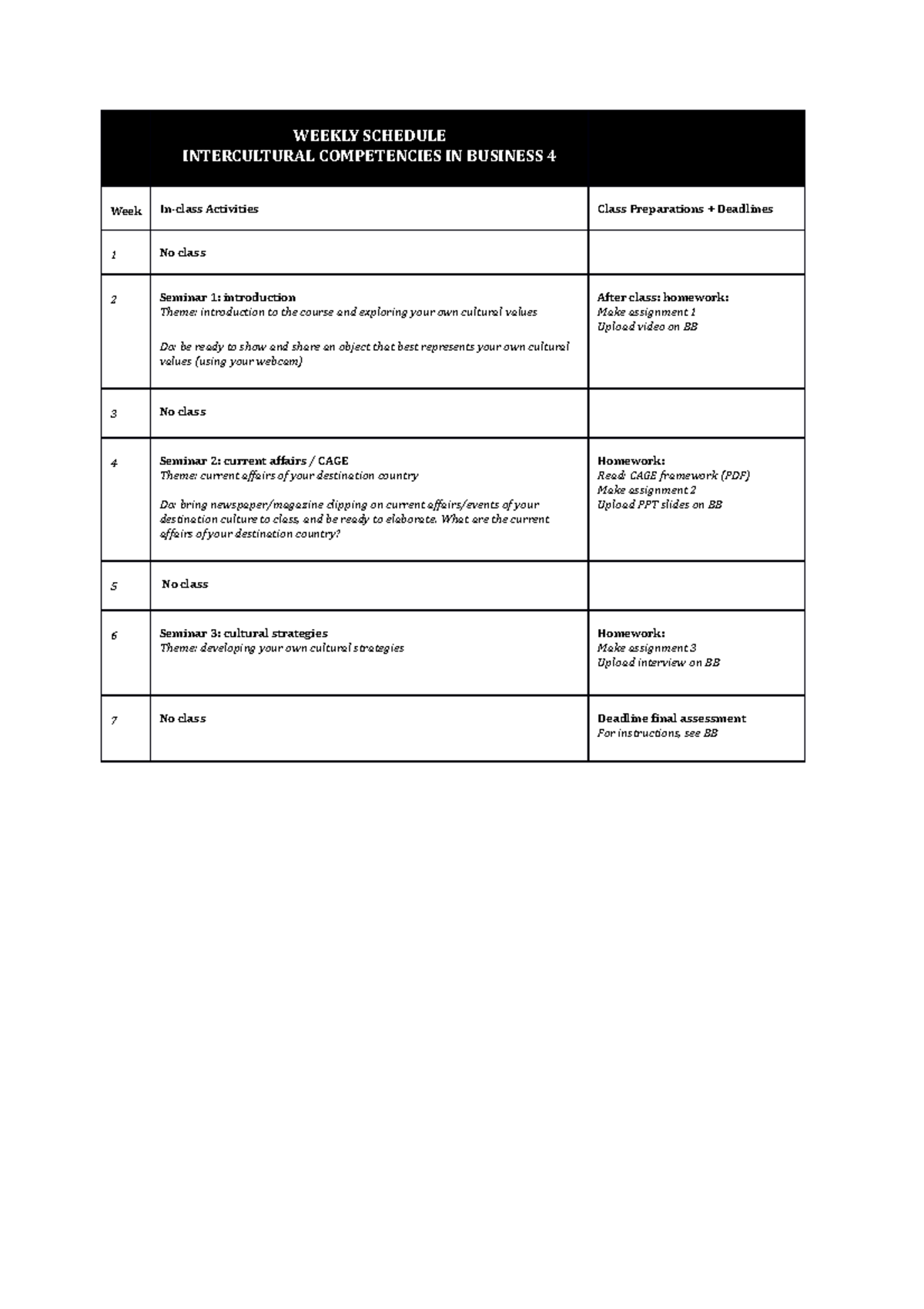 ICB4 Weekly Schedule during periods - WEEKLY SCHEDULE INTERCULTURAL COMPETENCIES IN BUSINESS 4 ...