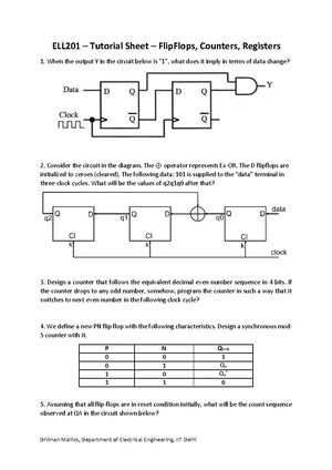 ELL201 - Tutorial - FSM - Digital electronics - Dhiman Mallick, Department of Electrical - Studocu