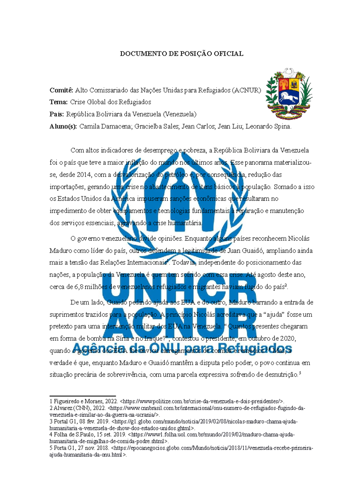 DPO Venezuela - avaliação - DOCUMENTO DE POSIÇÃO OFICIAL Comitê: Alto ...