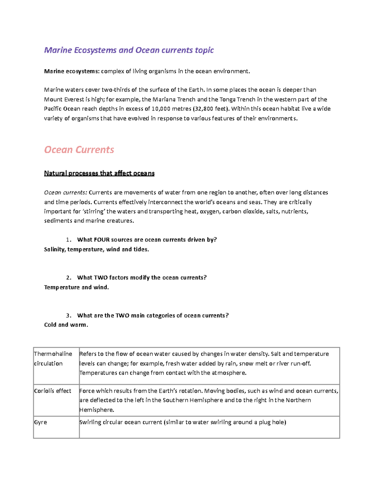 Ocean currents and ocean management (Y10 Geography) class notes ...