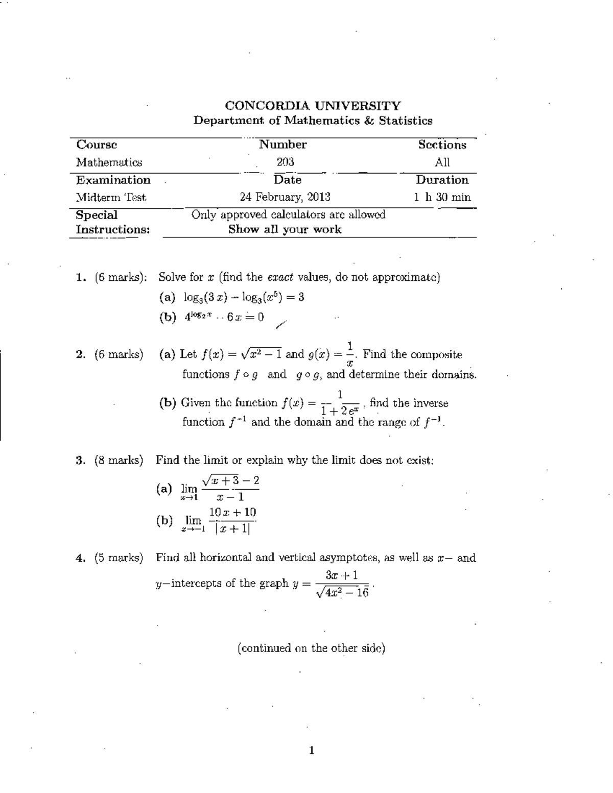 Midterm samples (old) + solutions - CONCORDIA UNIVERSITY Department of Mathematics & Statistics ...