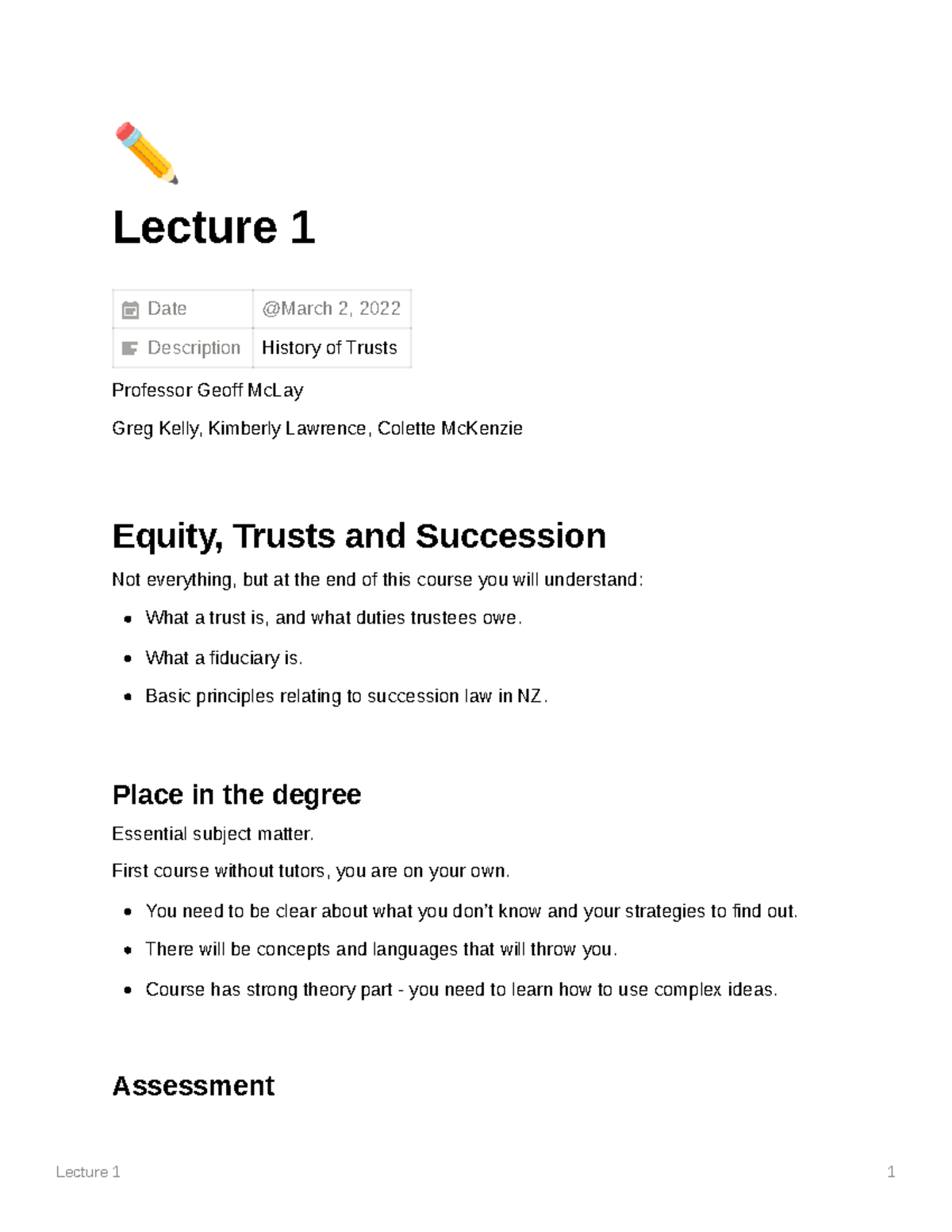 Lecture 1 summary - Lecture 1 Date Description History of Trusts ...