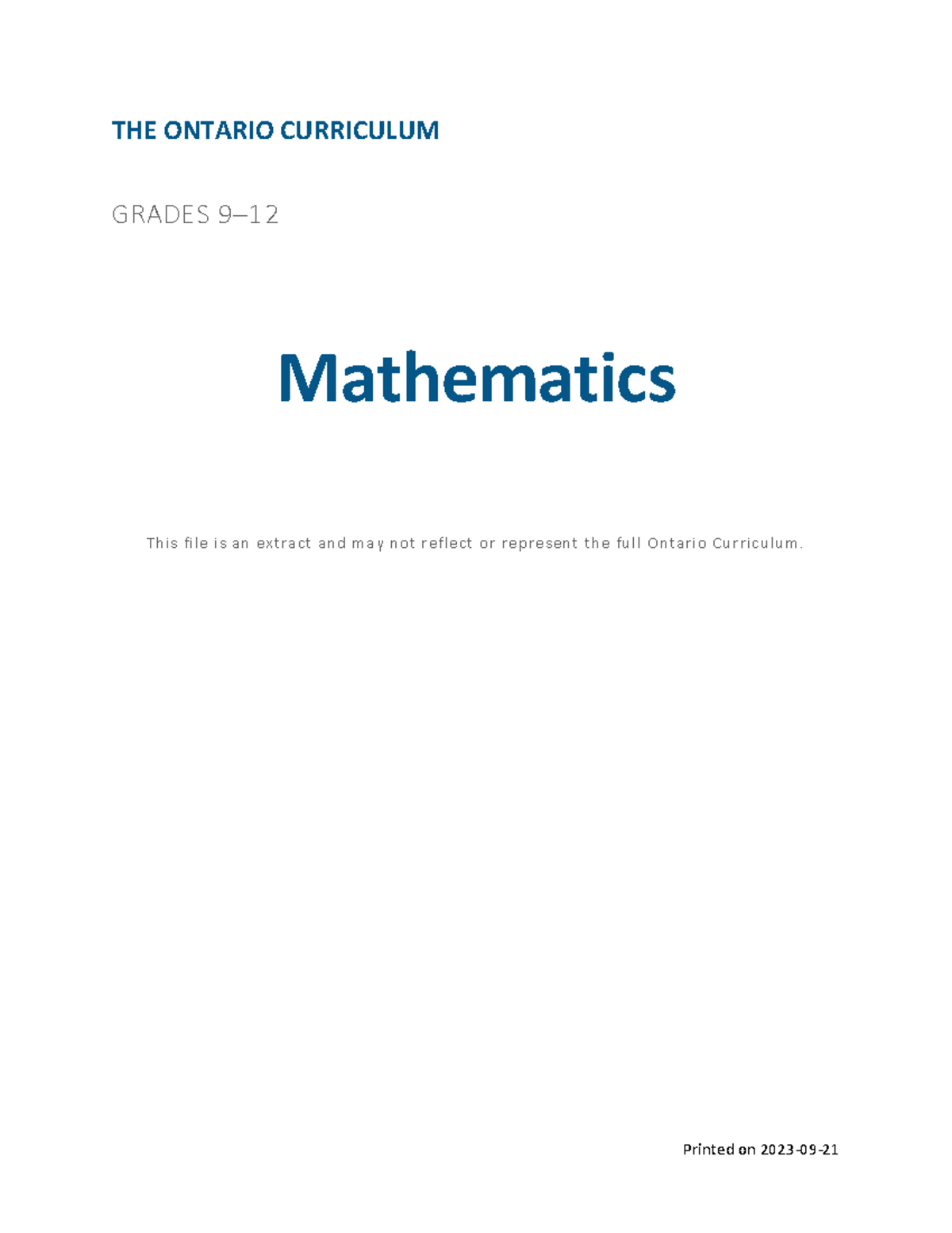 Mathematics - N/A - Printed on 2023-09- THE ONTARIO CURRICULUM GRADES 9 ...