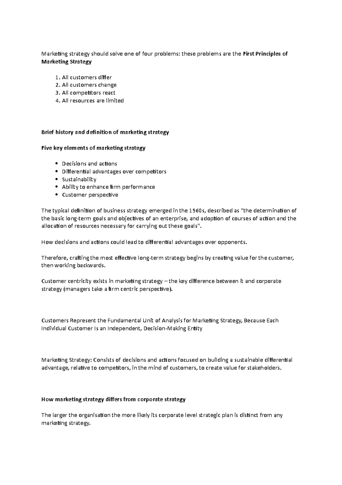 MARK3082 Textbook Chapter 1 Summary - Markeing strategy should solve ...