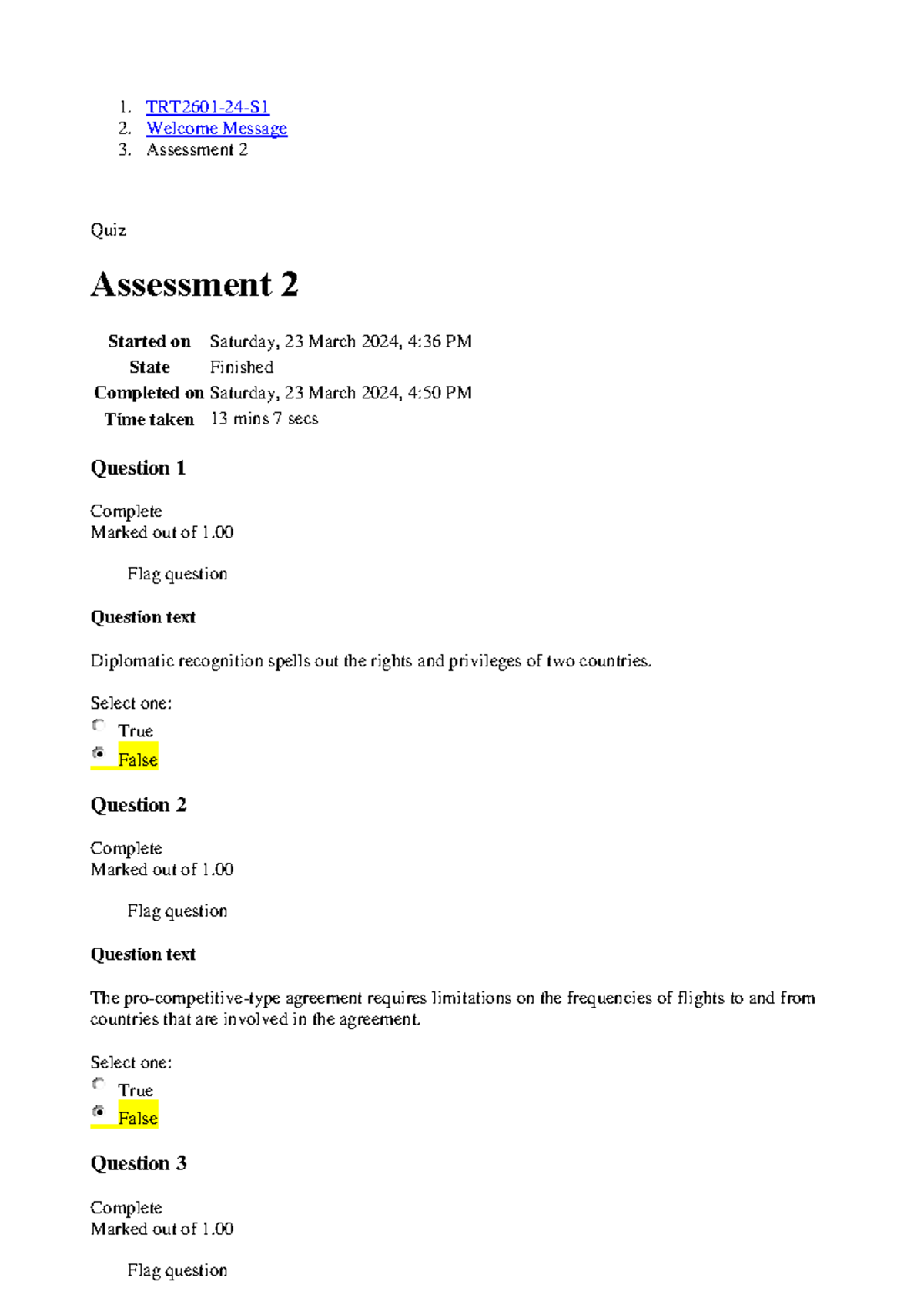 TRT2601 Assignment 2 Quiz 2024 - 1. TRT2601- 24 - S 2. Welcome Message ...