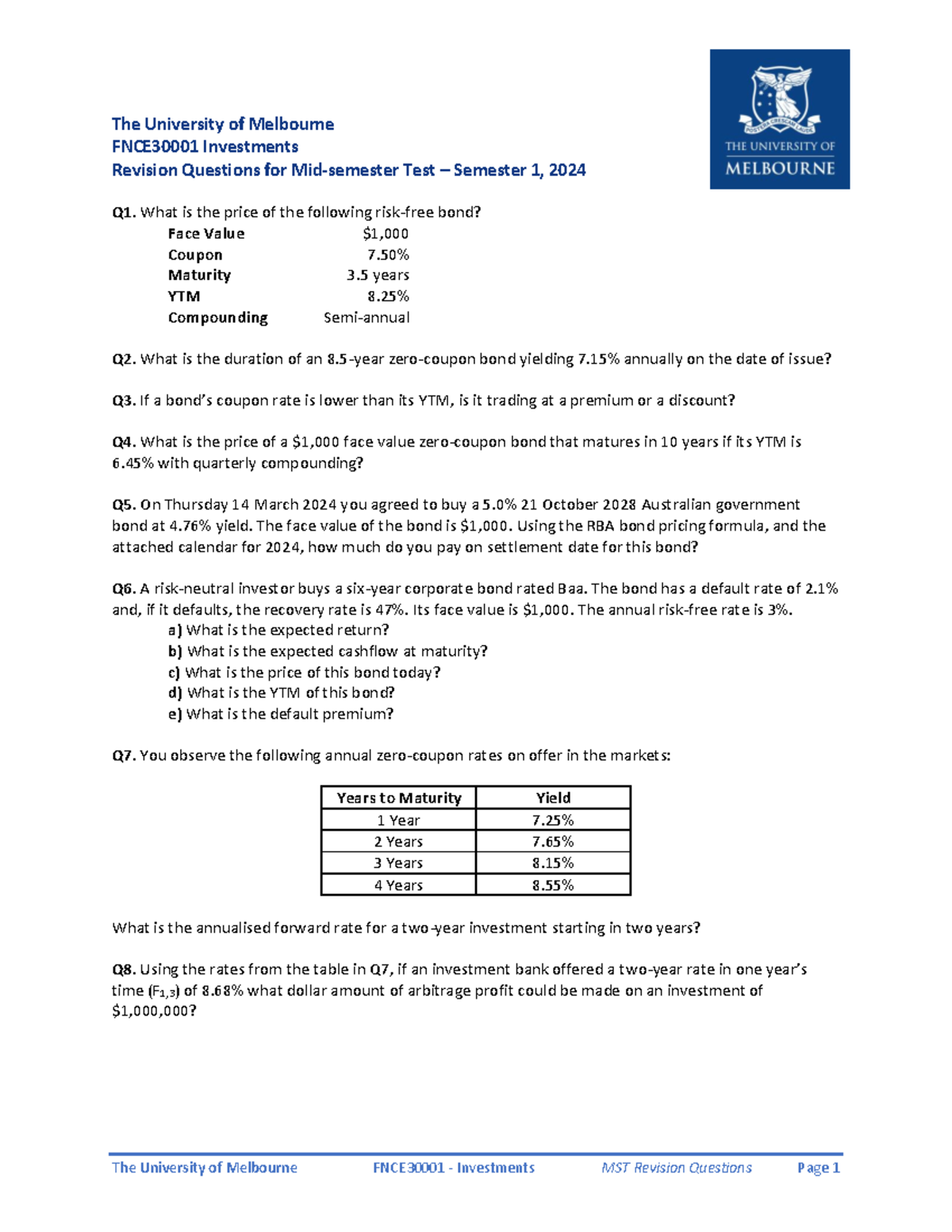MST Revision Questions 1 April - The University of Melbourne FNCE30001 ...