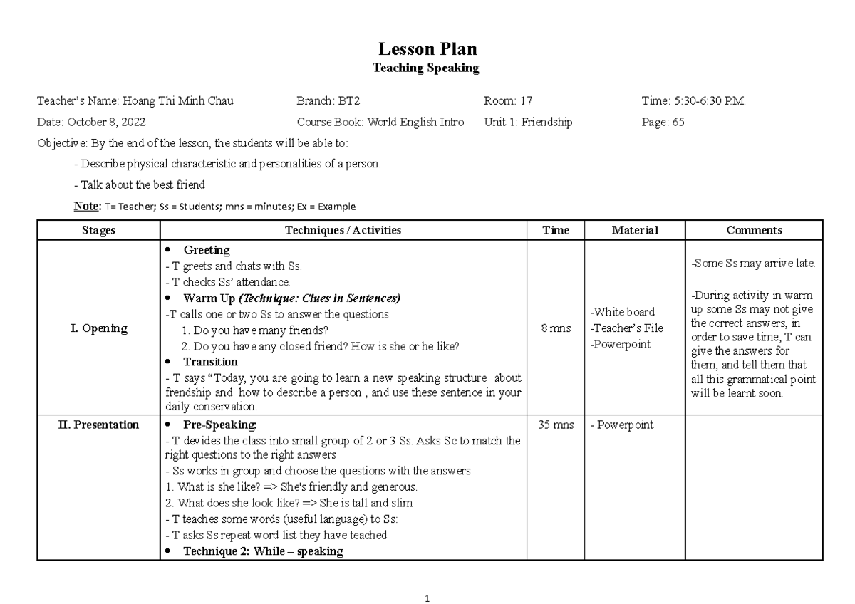 Lesson Plan Teaching Speaking - Lesson Plan Teaching Speaking Teacher’s ...