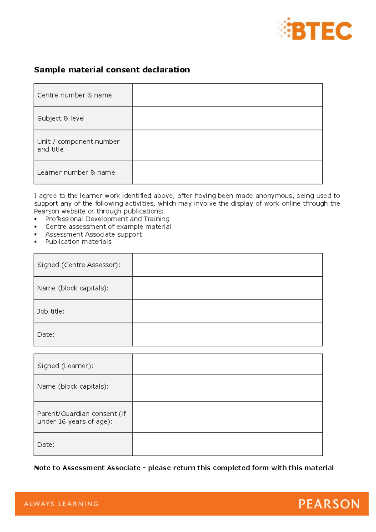 BTEC Learner sample consent form - Sample material consent declaration ...