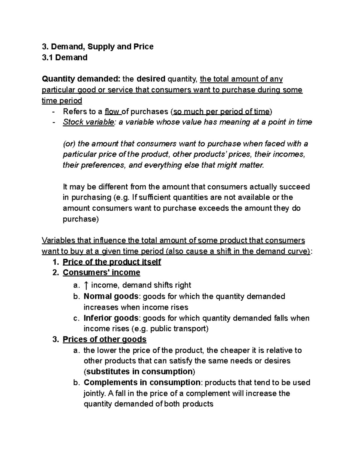 Econ 201 Chapter 3 notes - Demand, Supply and Price 3 Demand Quantity ...