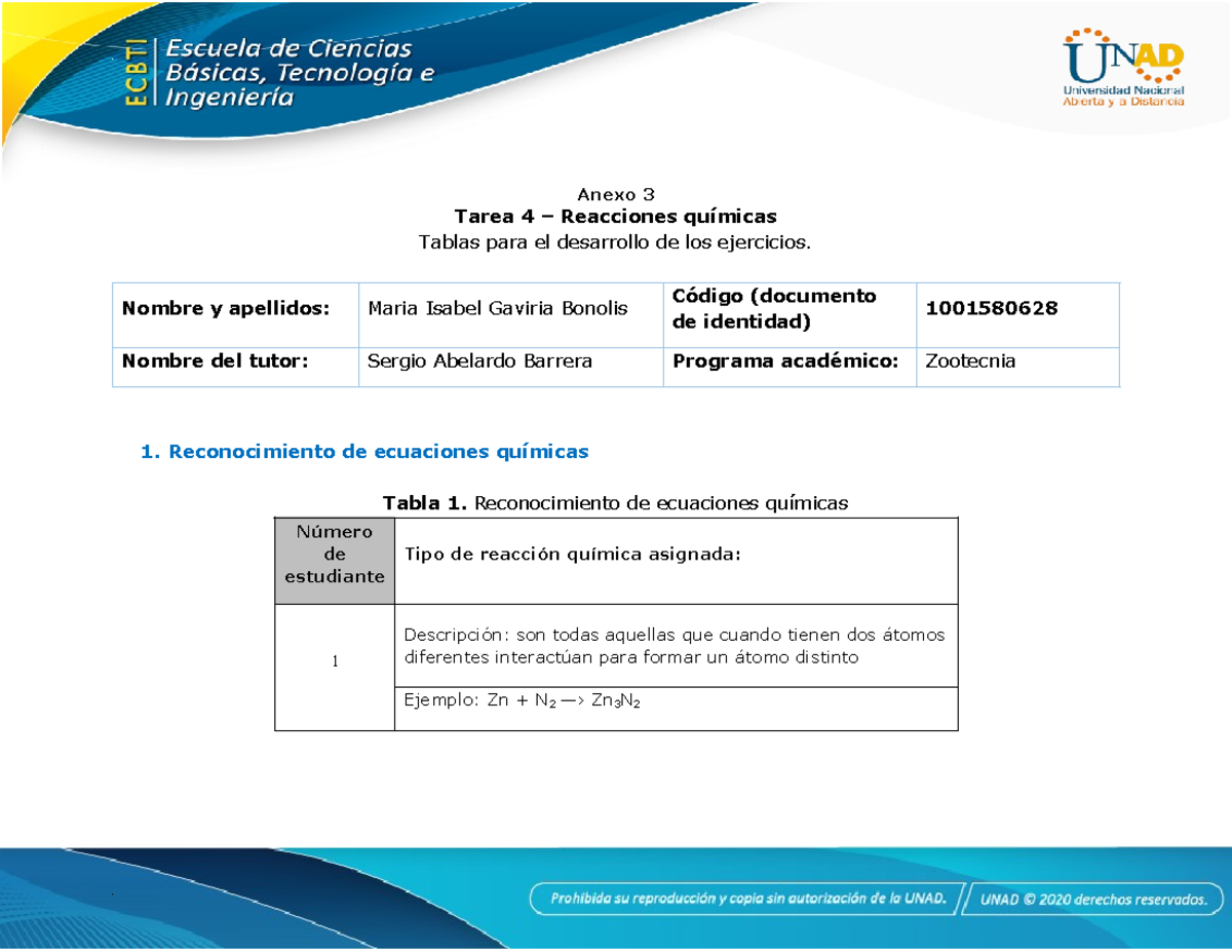 Anexo 3 - trabajo - Anexo 3 Tarea 4 – Reacciones químicas Tablas para el desarrollo de los - Studocu