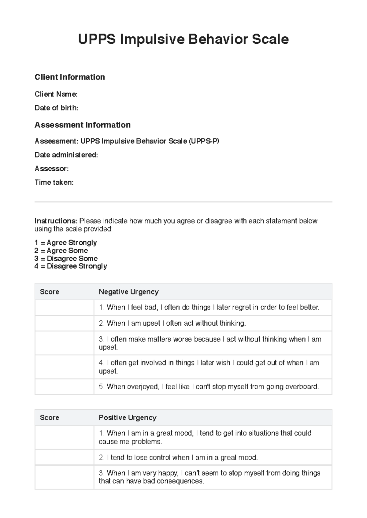 Impulsive behavior scale upps - UPPS Impulsive Behavior Scale Client ...