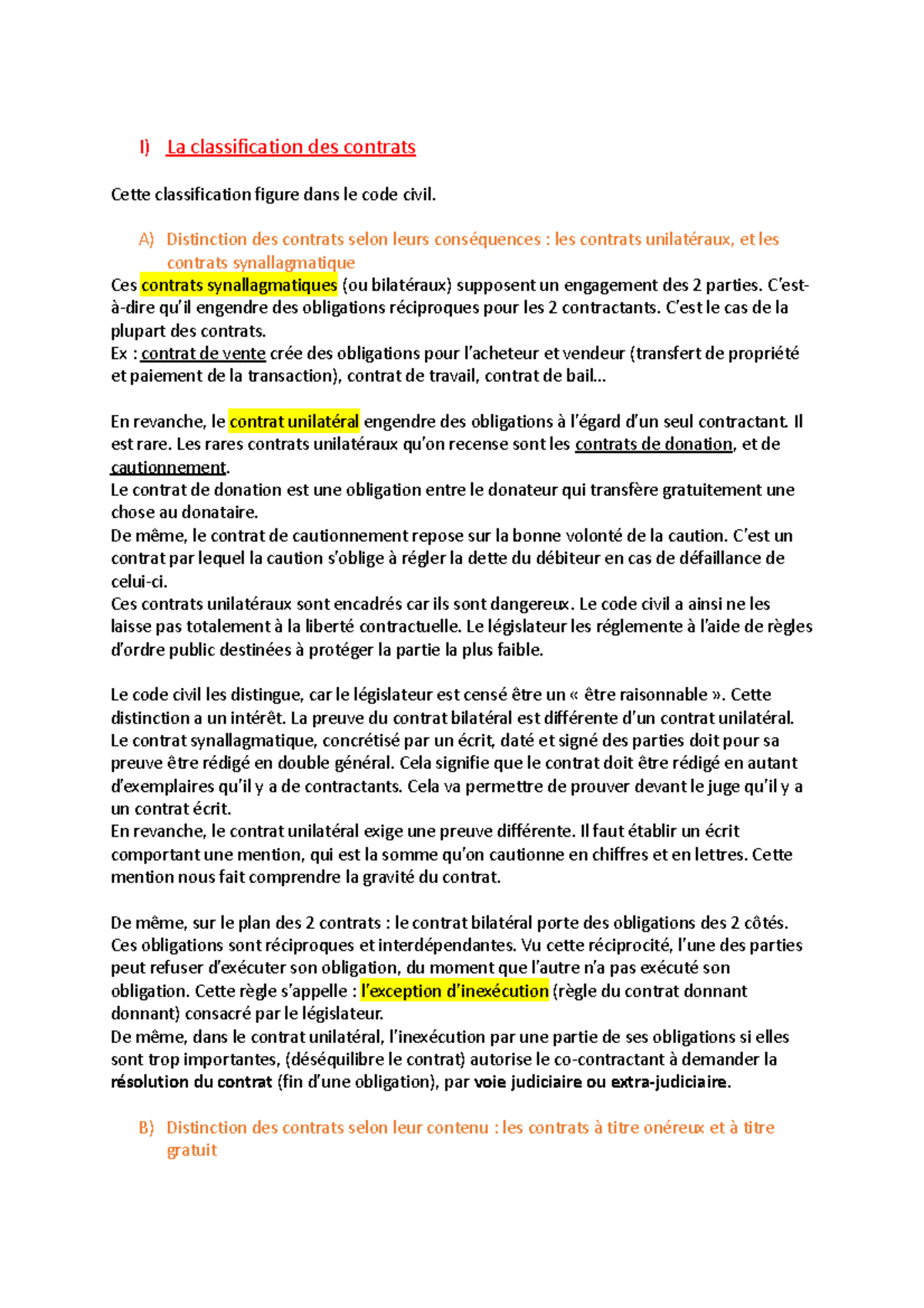 La classification des contrats - A) Distinction des contrats selon ...