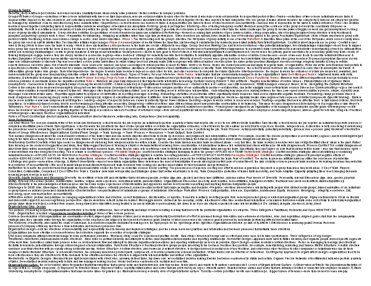 Final Exam Note Sheet BUAD 304 - Groups & Teams Benefits:•Build ...