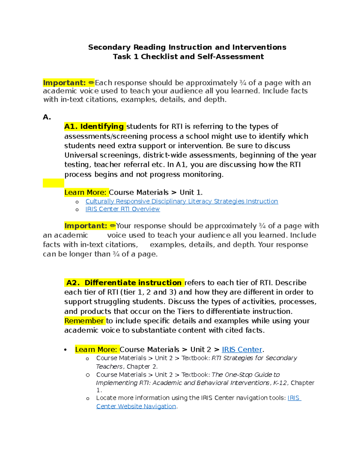 Task 1 Checklist - Secondary Reading Instruction and Interventions ...