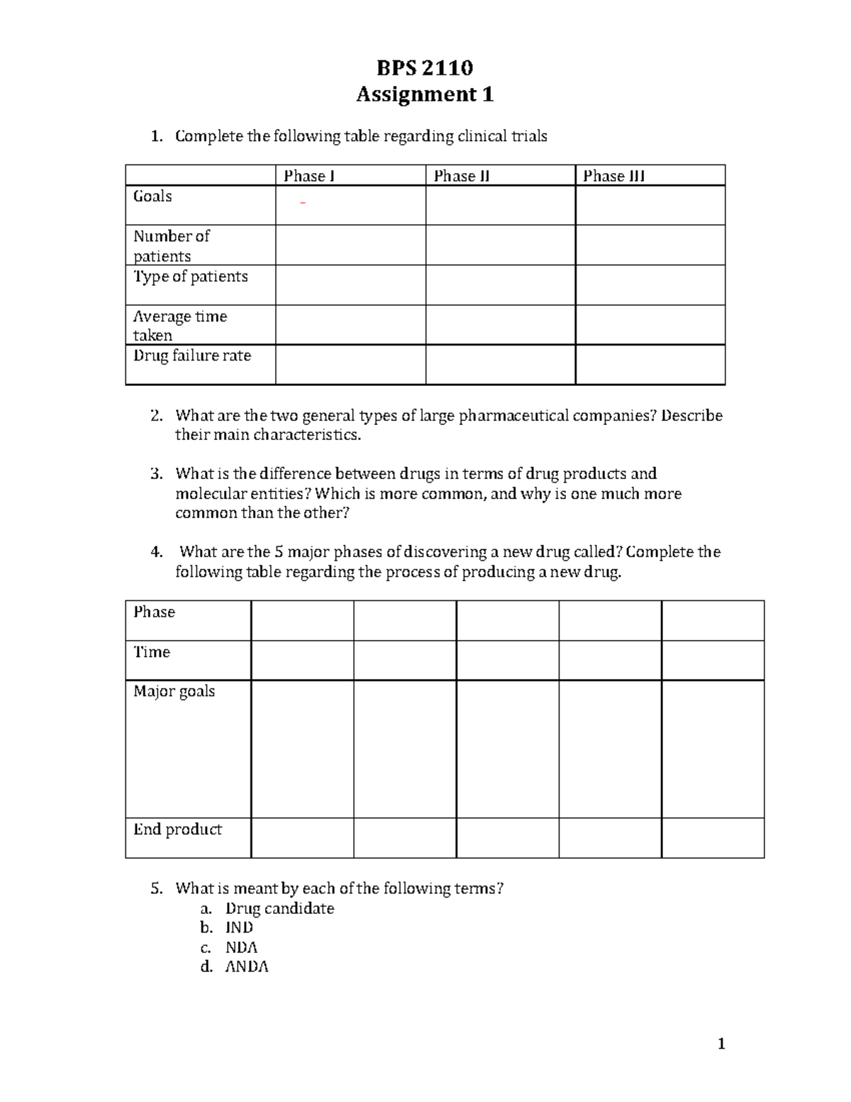 BPS 2110 assign 1 2020 - 1 BPS 2110 Assignment Complete the following ...