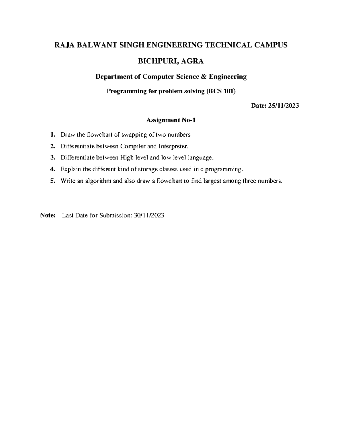 PPS Assignment 1 - RAJA BALWANT SINGH ENGINEERING TECHNICAL CAMPUS BICHPURI, AGRA Department of ...