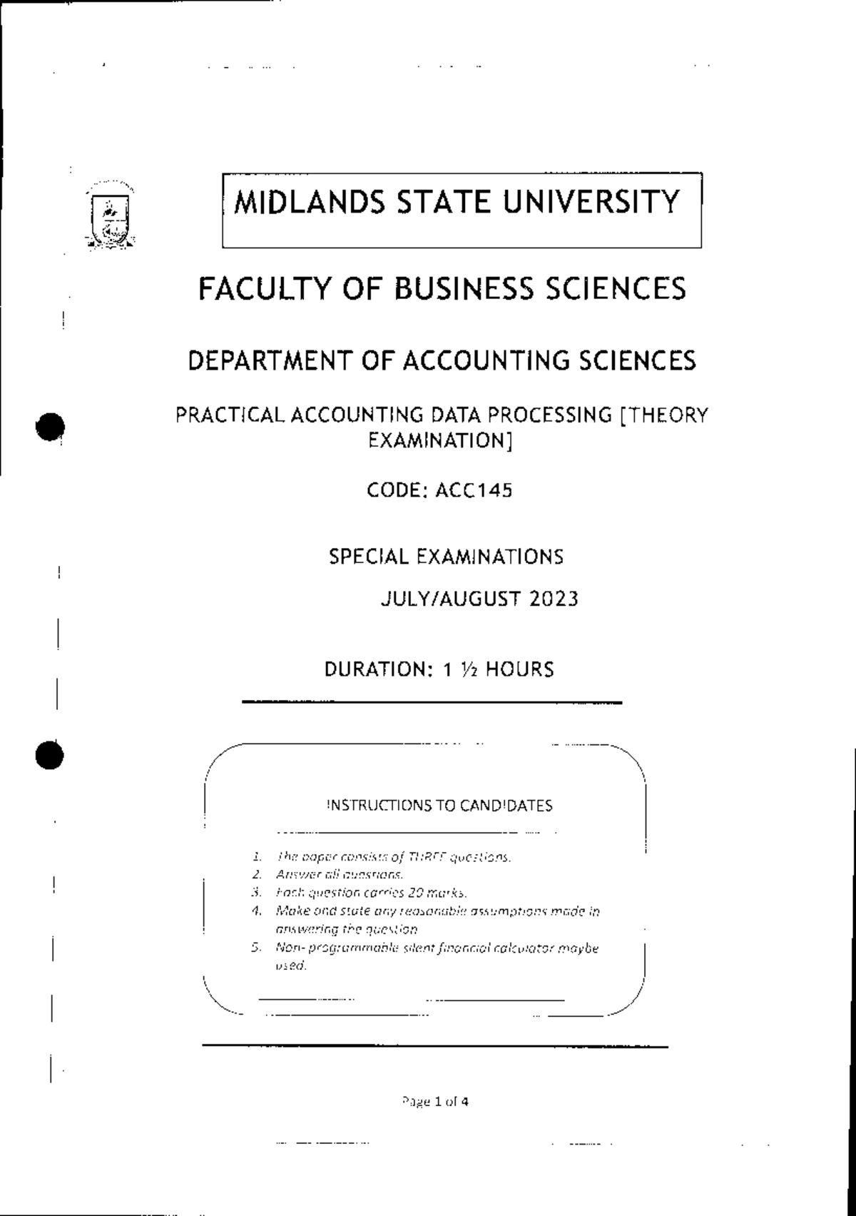 ACC145 AUG 2023 - Basic accounting - MIDLANDS STATE UNIVERSITY FACULTY ...
