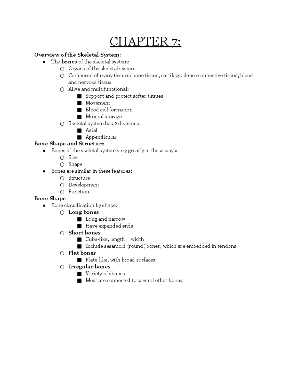 Human A & P I Notes Chapter 7 - CHAPTER 7: Overview of the Skeletal ...