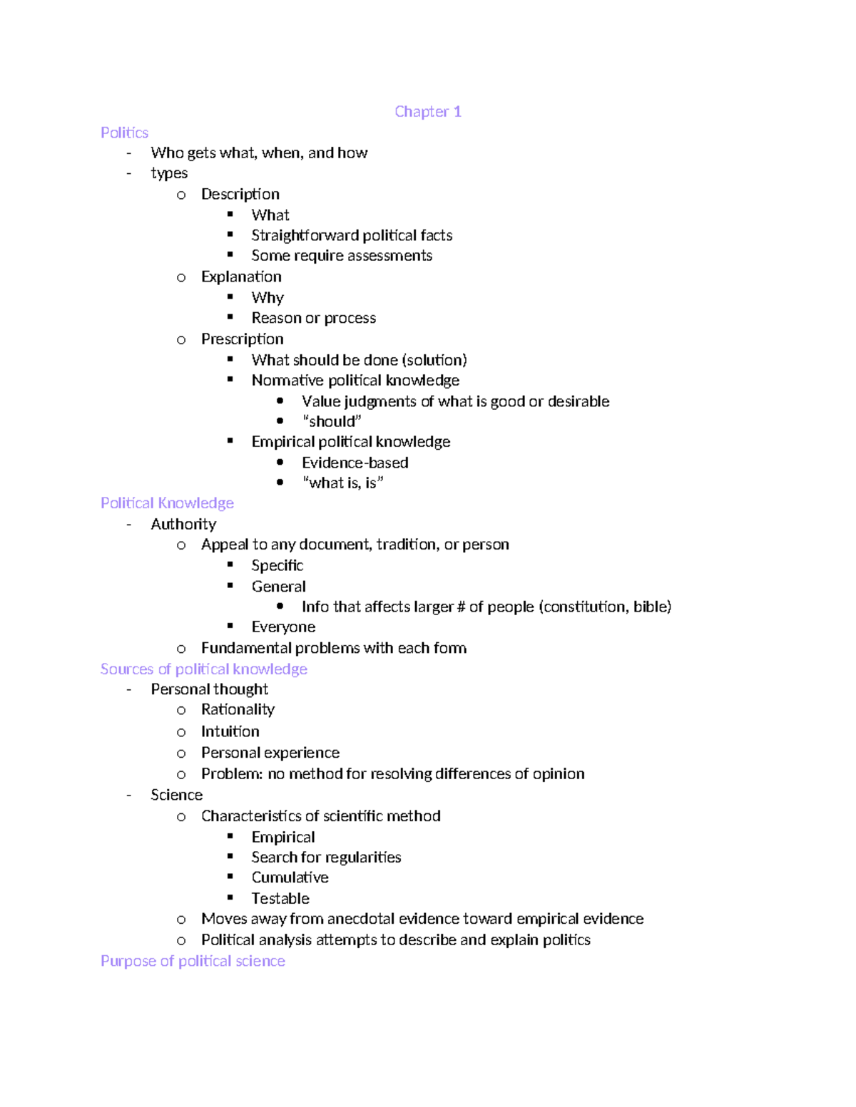 Chapter 1 POLS - Chapter 1 Politics Who gets what, when, and how types ...