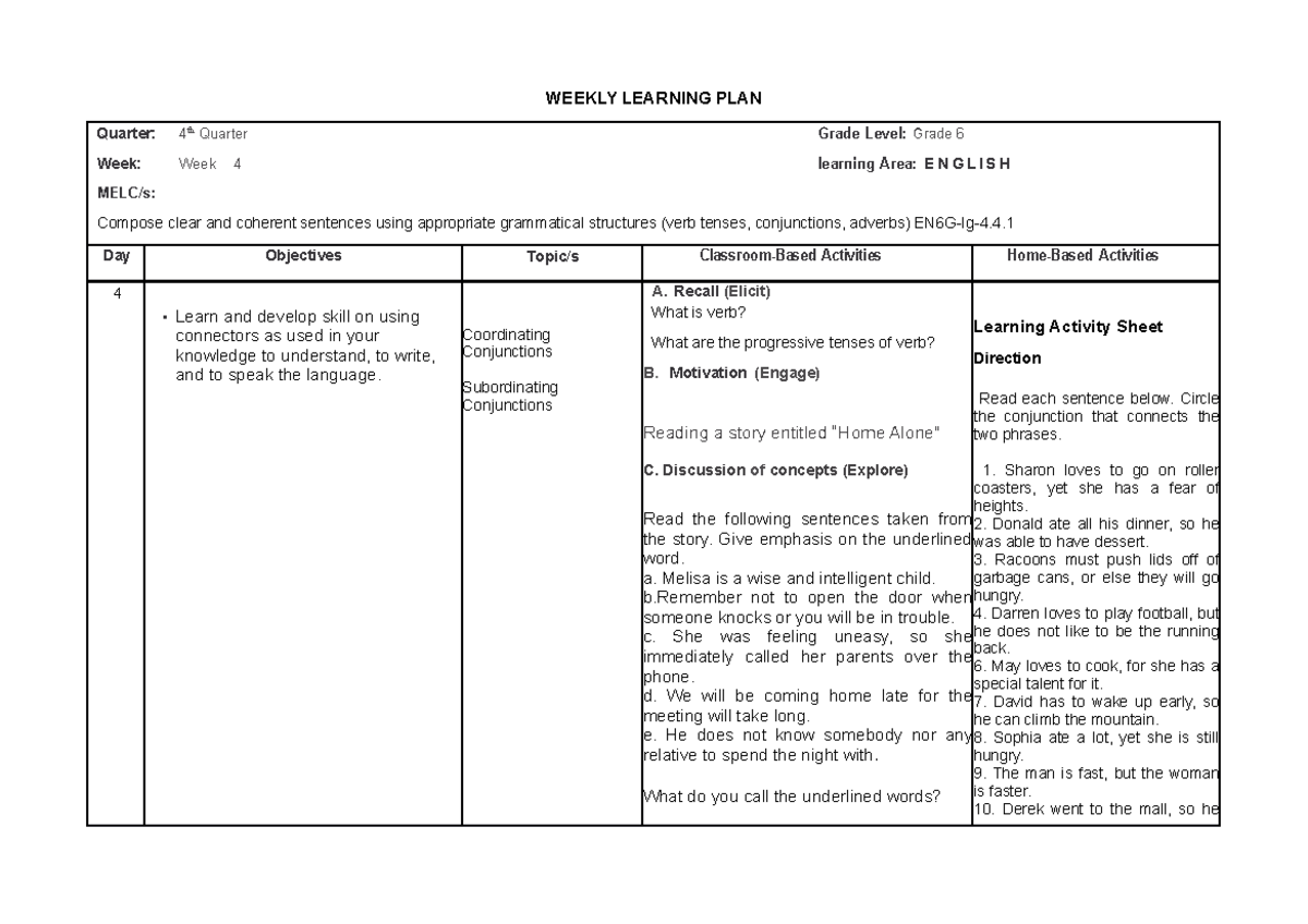 English 6 WLP wk 4 - NONE - WEEKLY LEARNING PLAN Quarter: 4 th Quarter ...