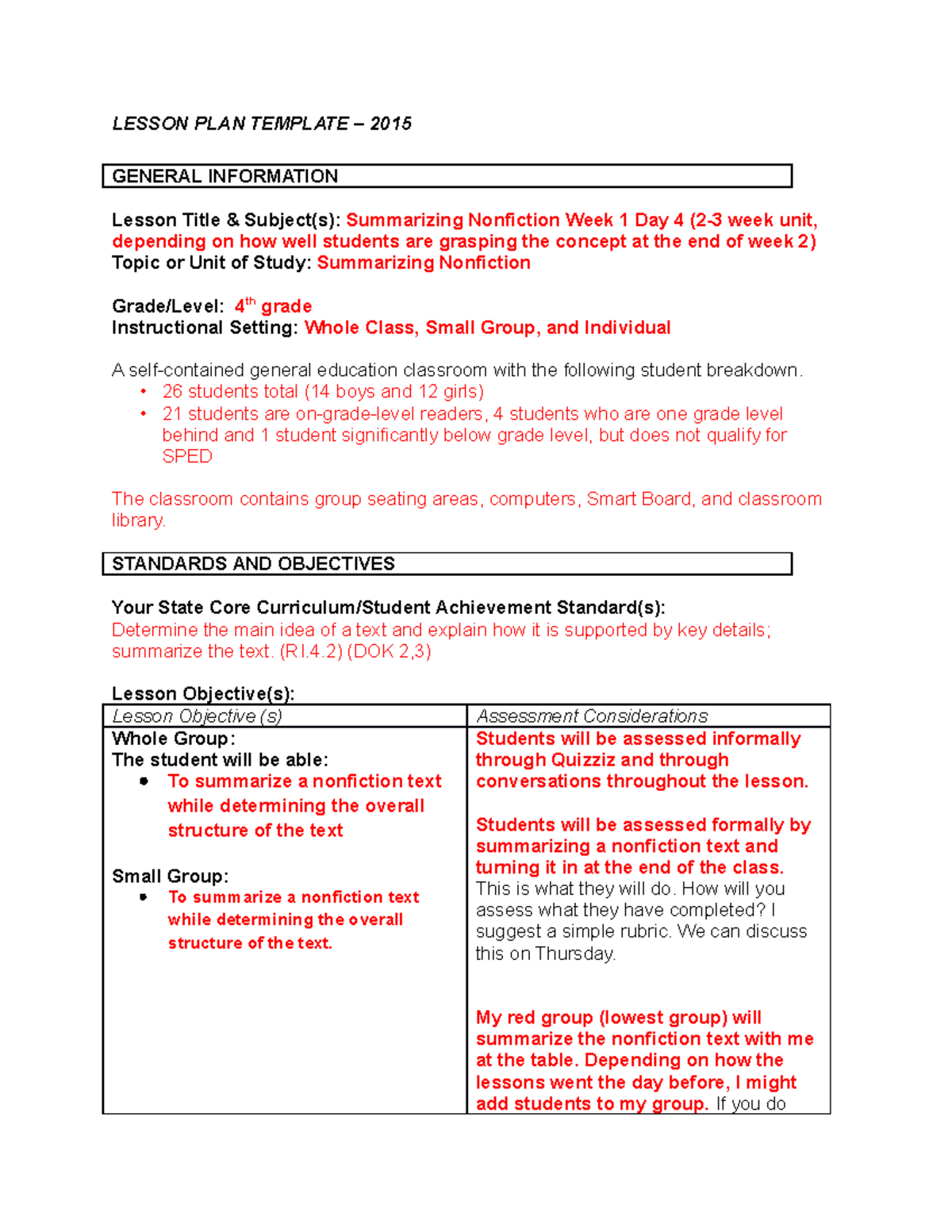 LP2 Summarize Nonfiction LESSON PLAN TEMPLATE 2015 GENERAL 
