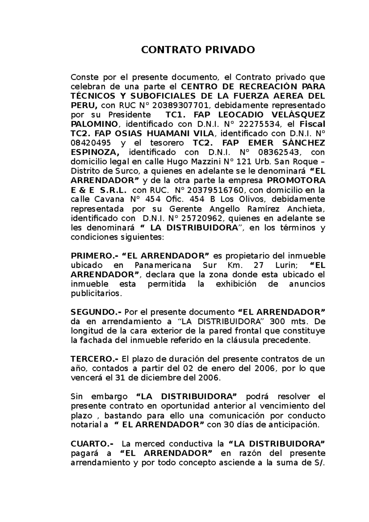 Contrato Privado - Cristian Concha - CONTRATO PRIVADO Conste por el ...