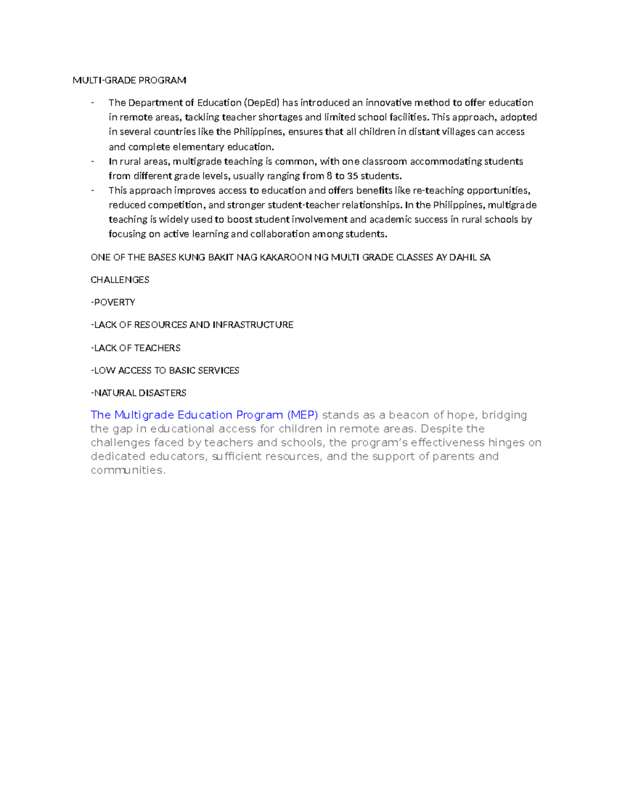 Multi - Summary Elementary Education - MULTI-GRADE PROGRAM The ...