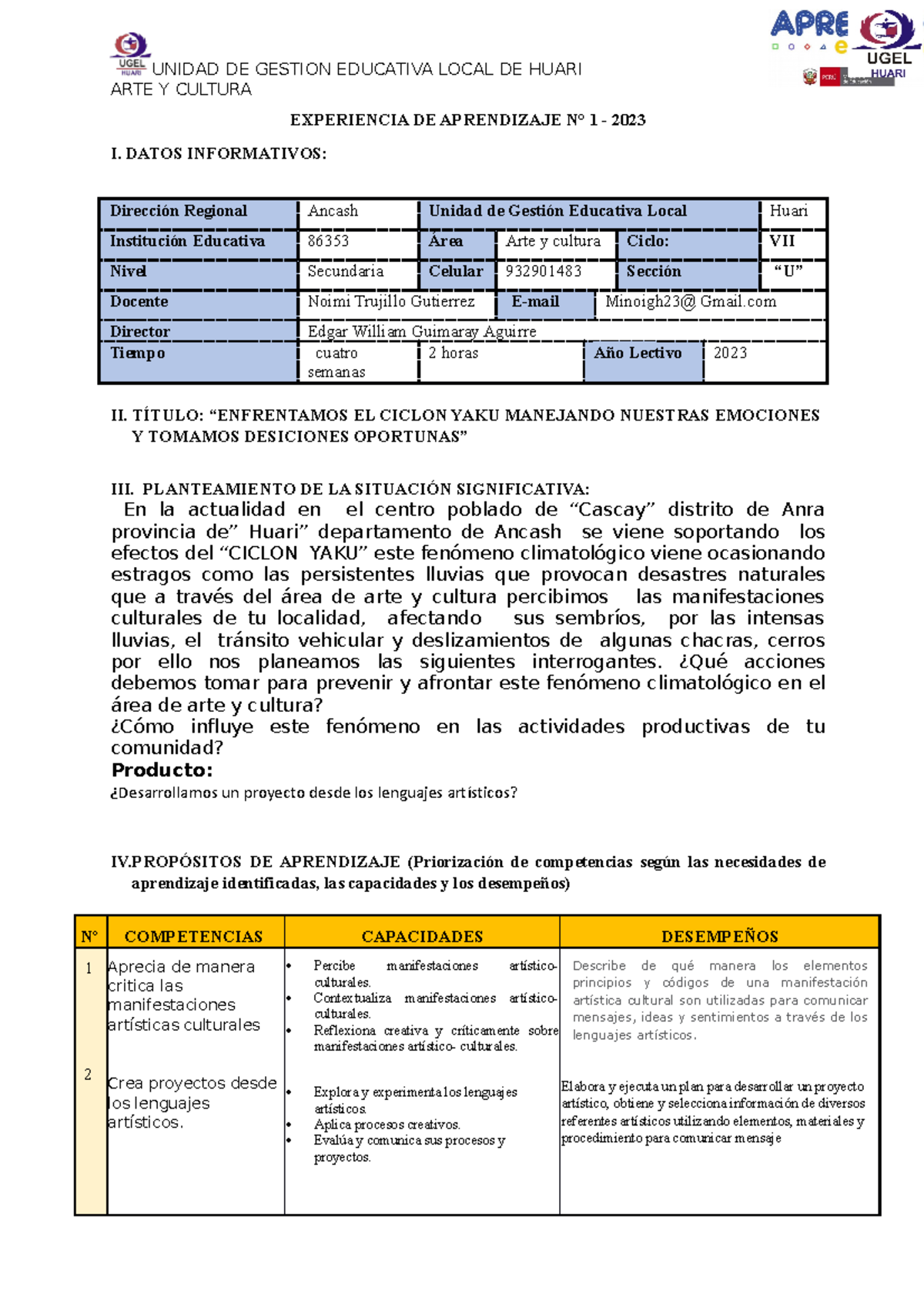 Experiencia de Aprendizaje N°1 Ciclo VII ARTE - ARTE Y CULTURA EXPERIENCIA DE APRENDIZAJE N° 1 ...