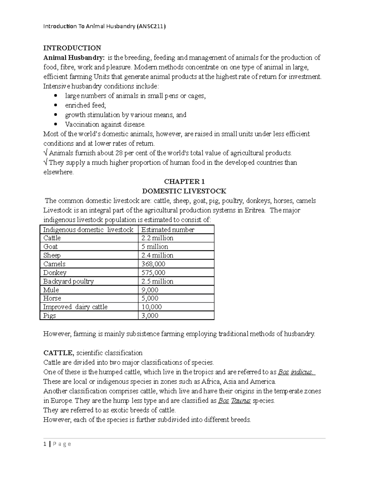 Animal husbandry revised NOTE (Repaired) - INTRODUCTION Animal ...