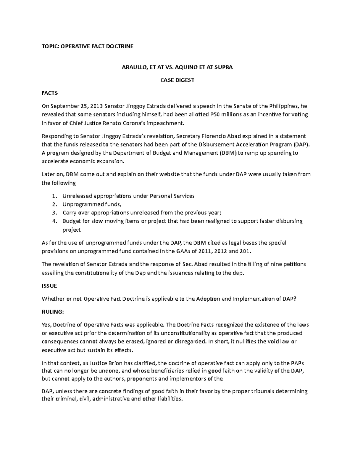 Araullo ET AT VS. Aquino ET AT Supra 1 - TOPIC: OPERATIVE FACT DOCTRINE ...