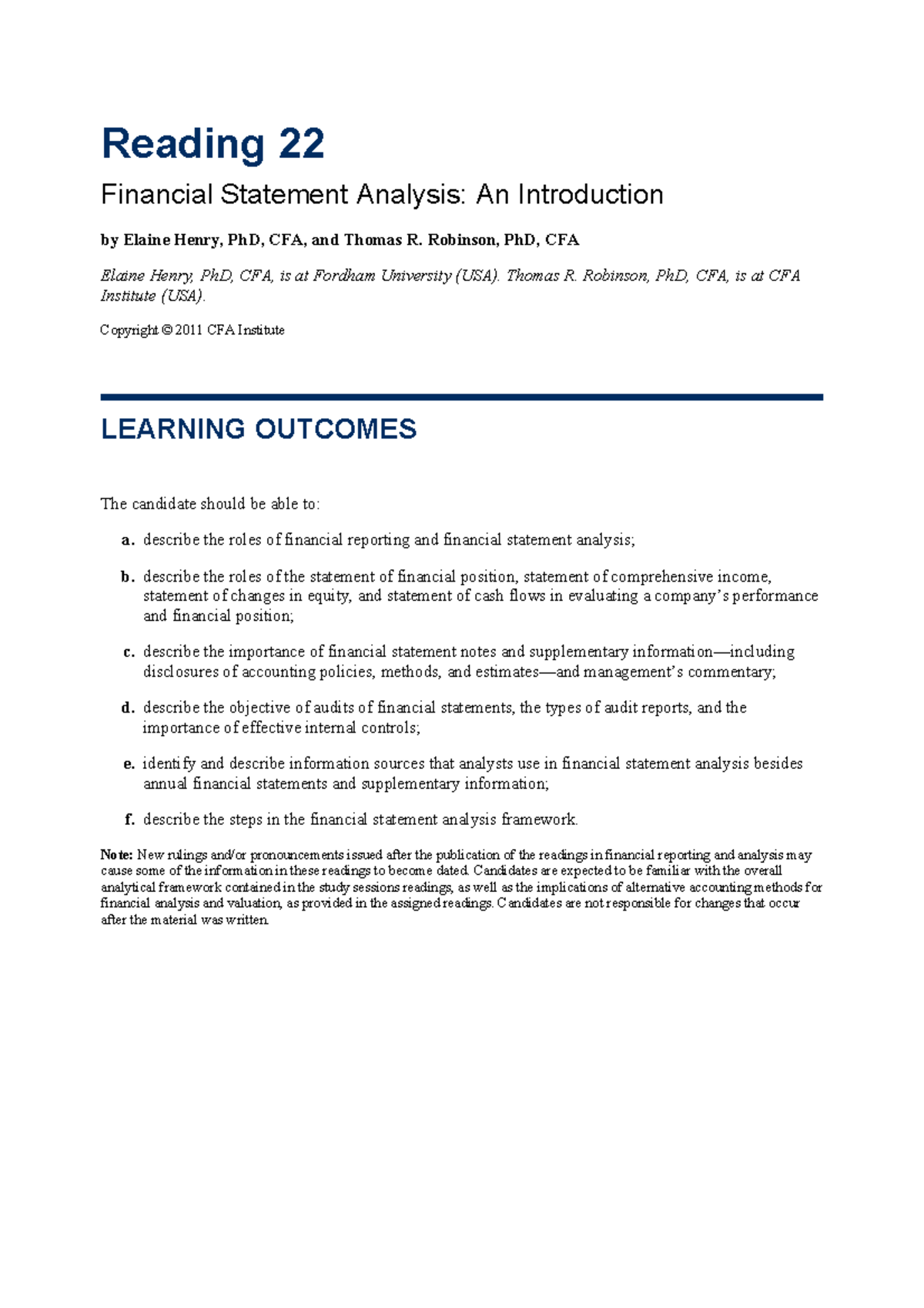 Reading 22 Fin Rep An Intro L1 2016 Volume 3 - Reading 22 Financial ...