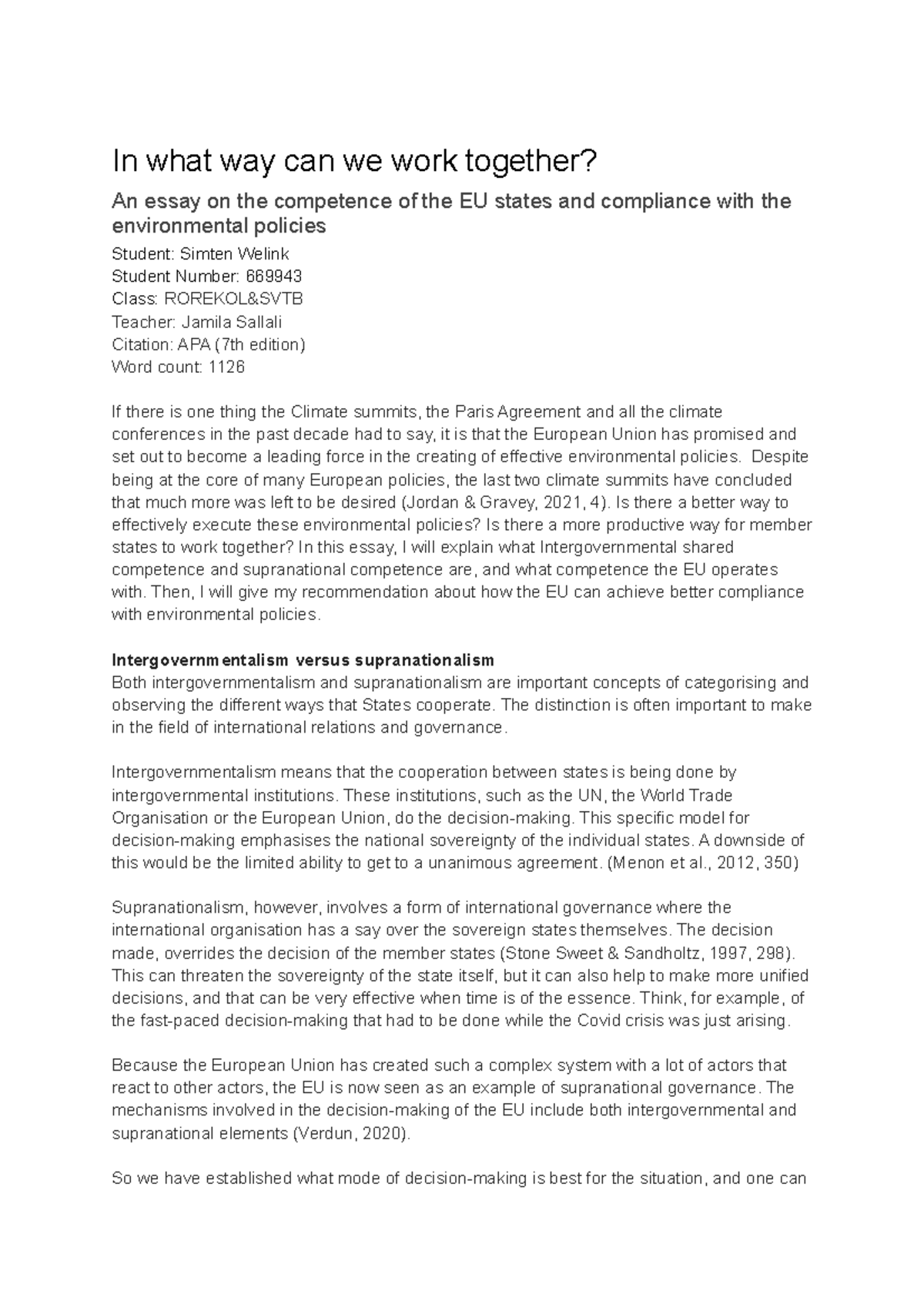 Mock essay for feedback - In what way can we work together? An essay on ...