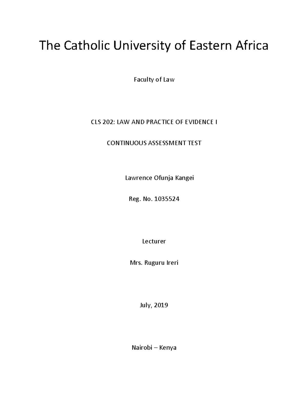 CLS 202-LAW AND Practice OF Evidence I - CAT - 2019 - The Catholic ...