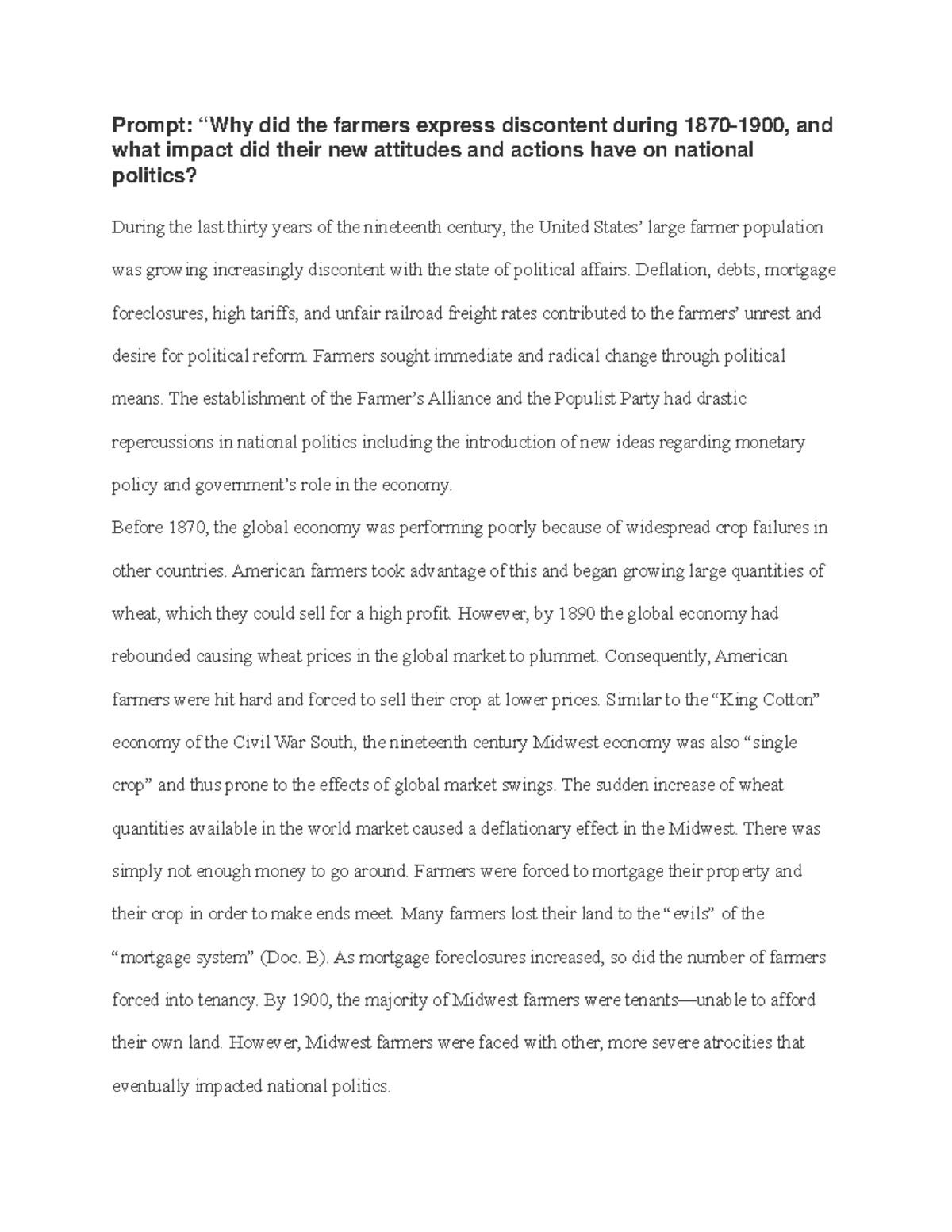 Agrarian Discontent in the Late 19th Century - Prompt: “Why did the ...