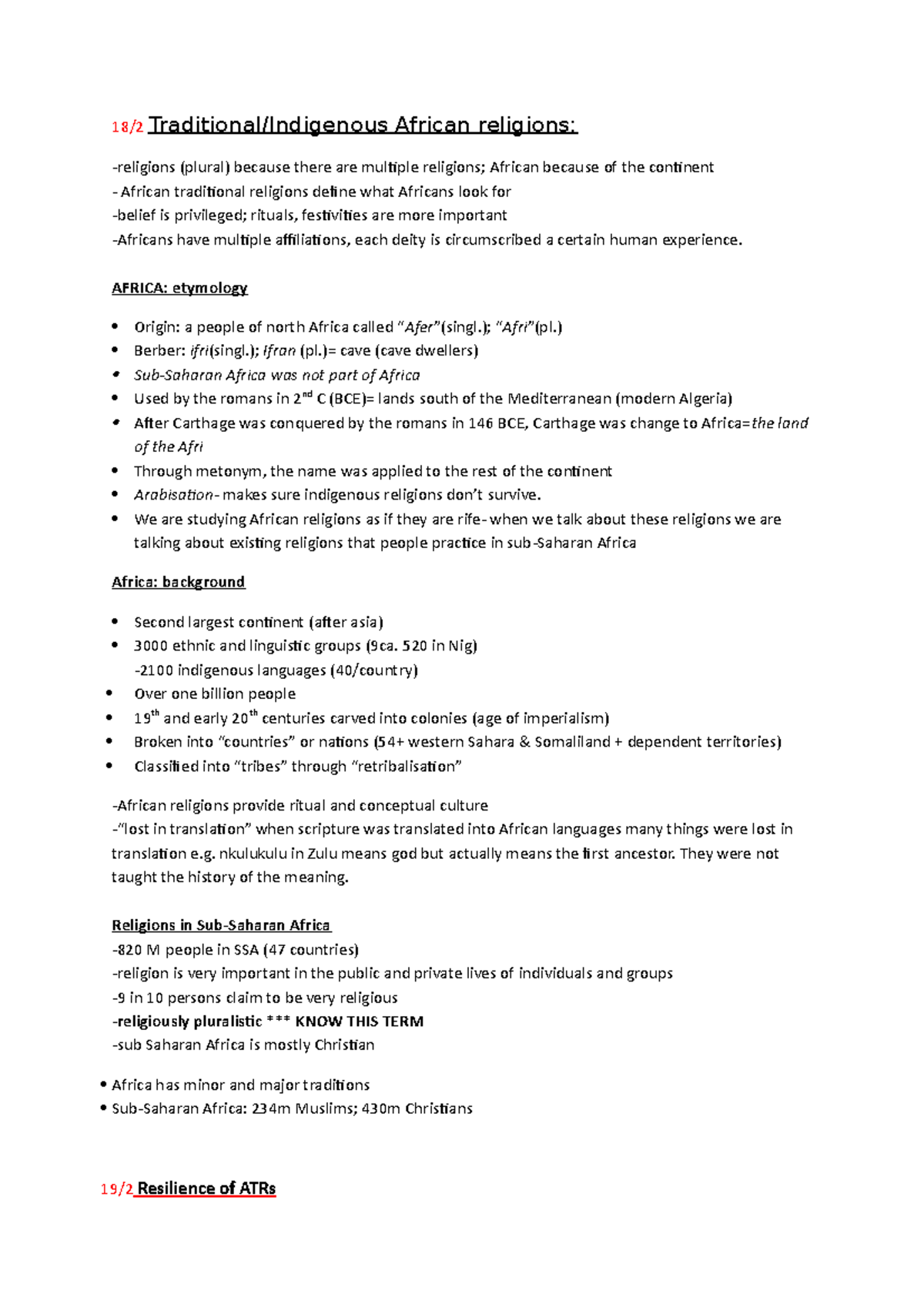 African traditonal religions notes - 18/2 Traditional/Indigenous ...