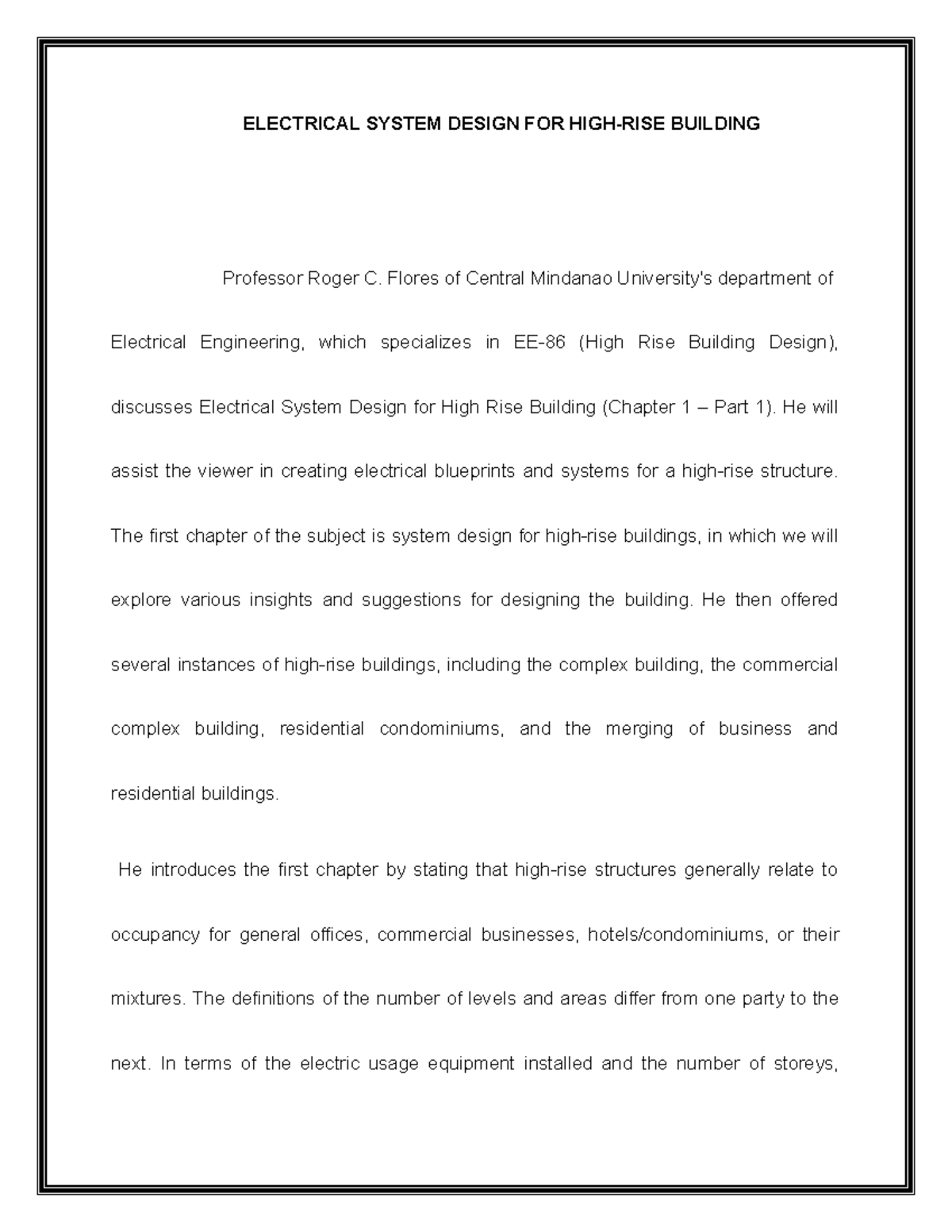 Learning Journal Electrical System Design FOR HIGH-RISE Building ...