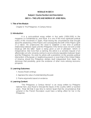 Chapter-9-Rizal - ..... - MODULE IN GEC 9 Subject: Course Number and ...