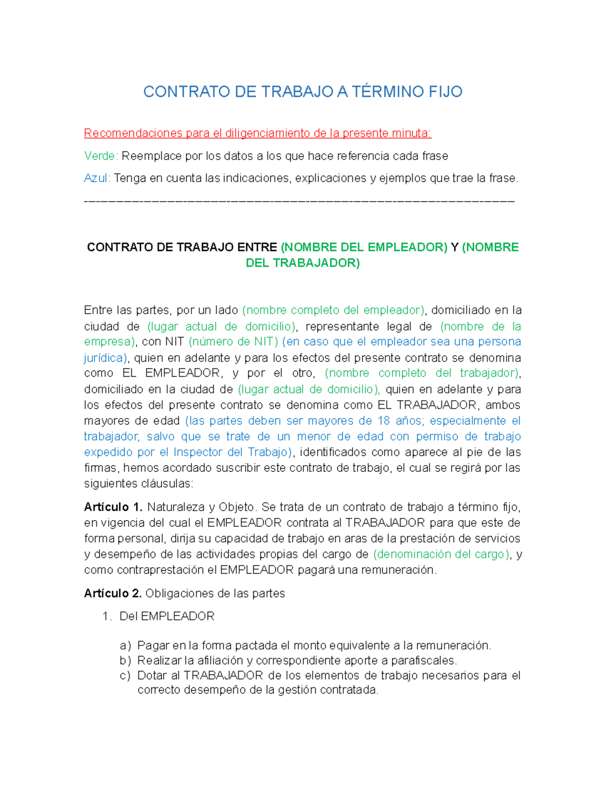 Contrato de trabajo a término fijo - Laboral - CONTRATO DE TRABAJO A ...