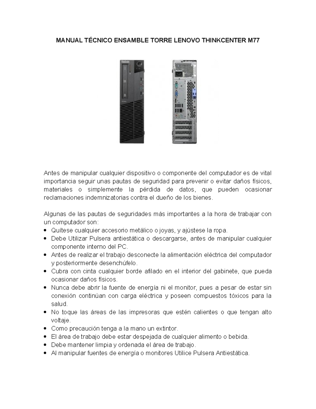 Manual Técnico Ensamble Torre Lenovo Thinkcenter M7 - MANUAL TÉCNICO ...