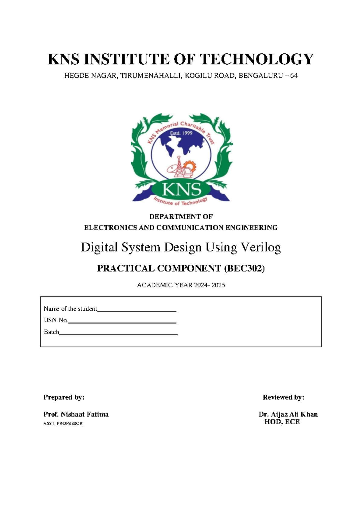 DSDV (BEC302) LAB Manual - Name of the student USN No. Batch KNS INSTITUTE OF TECHNOLOGY HEGDE ...