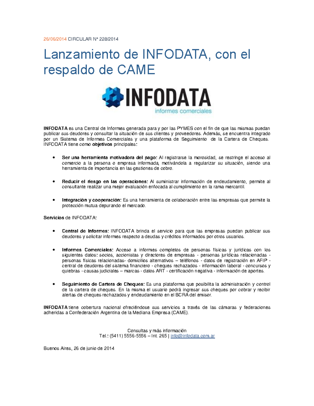 Circular Infodata Junio 2014 - 26/06/2014 CIRCULAR N° 228/ Lanzamiento ...
