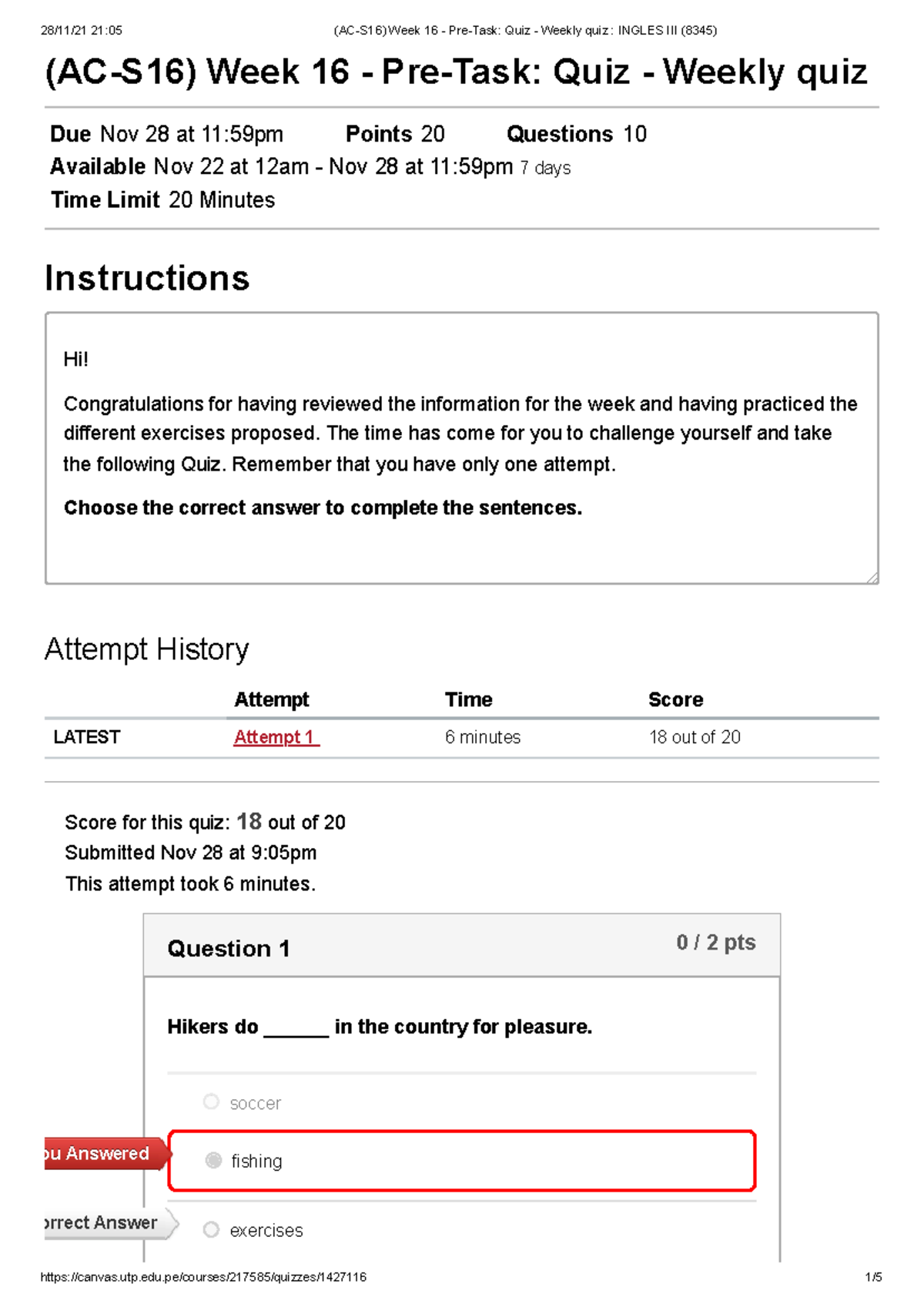 (AC-S16) Week 16 - Pre-Task Quiz - Weekly quiz Ingles III (8345) - (AC ...