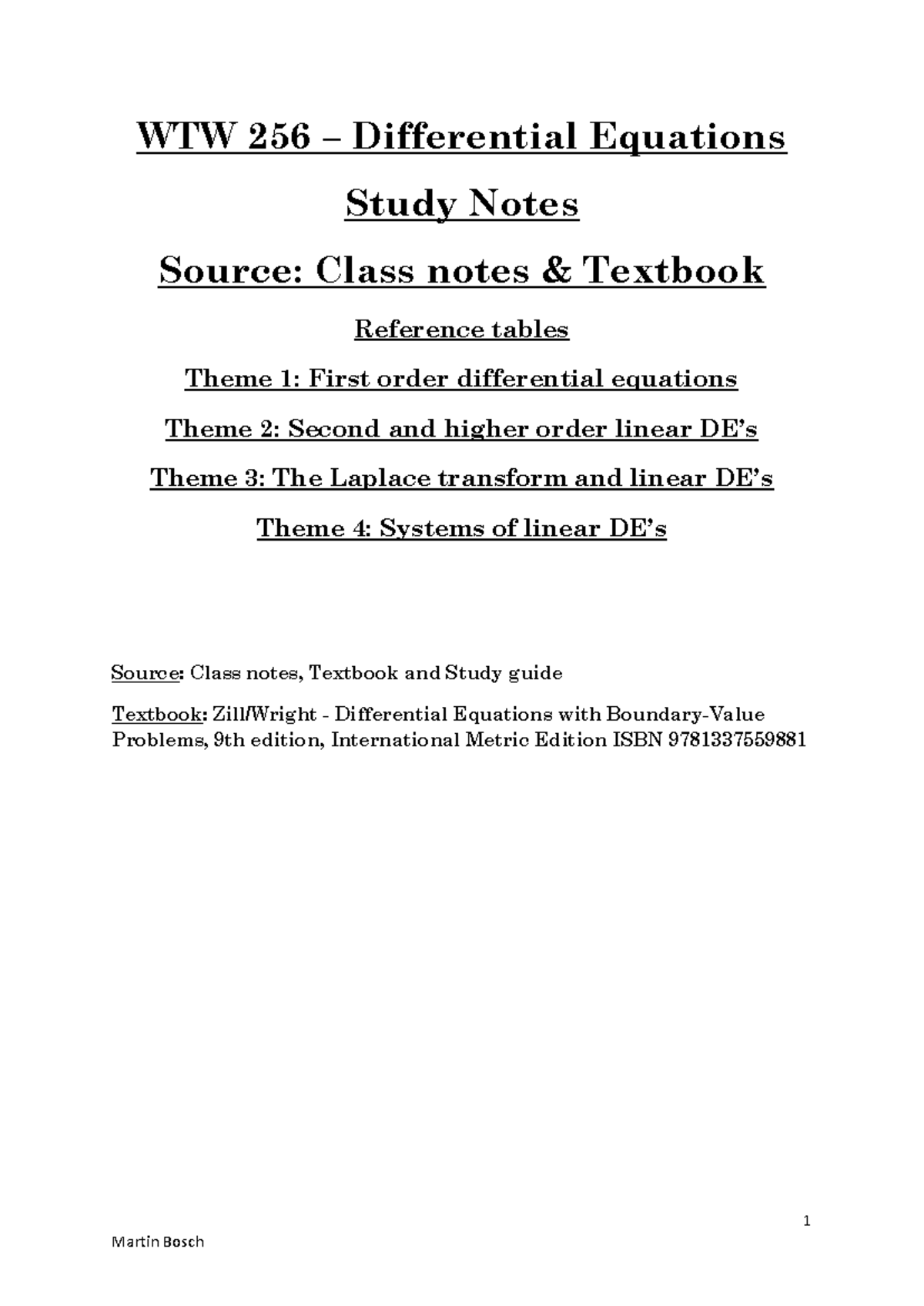 WTW 256 - Summary Differential Equations - 1 WTW 256 – Differential ...