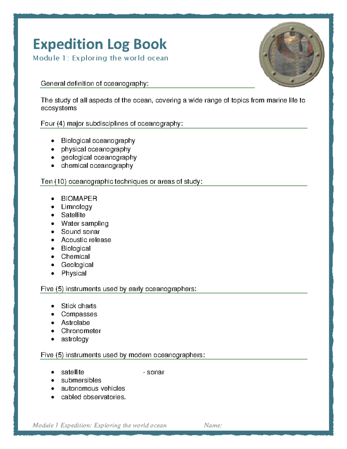 Log Book 1 - vvvvvvvvvvv - Expedition Log Book Module 1: Exploring the ...