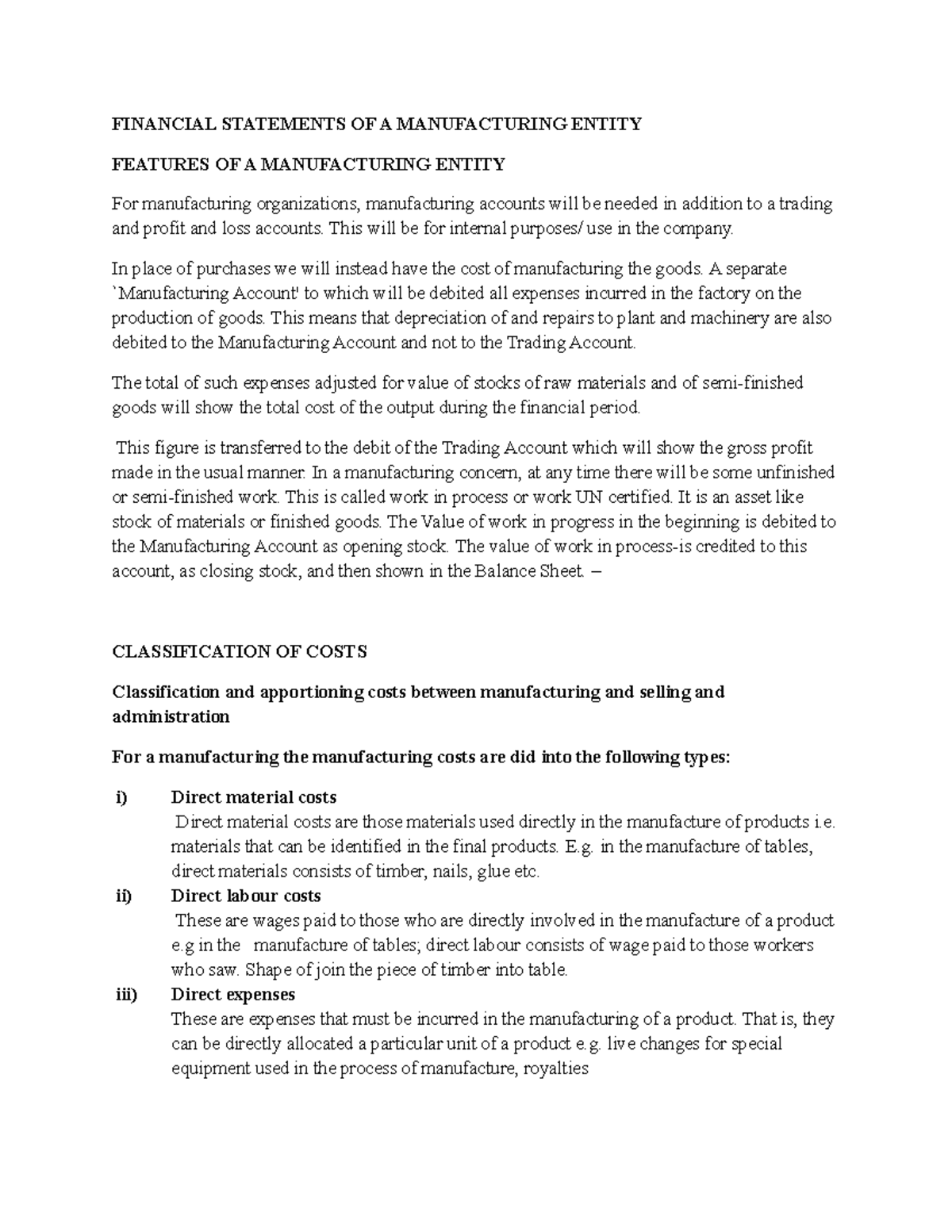 Financial Statements OF A Manufacturing company - FINANCIAL STATEMENTS ...