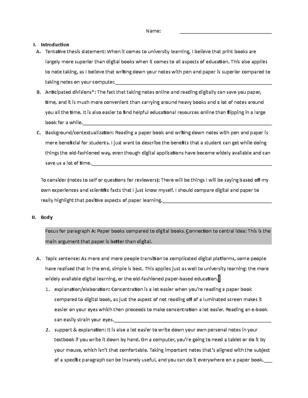 Basic essay outline - Name: __________________________________ I ...