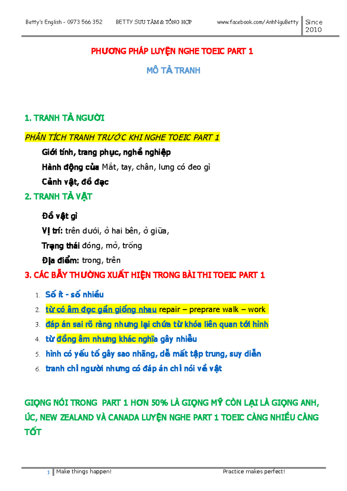 CÁCH LÀM PART 1234567 Toeic ĐẦY ĐỦ - 2010 PH ƯƠ NG PHÁP LUY Ệ N NGHE TOEIC PART 1 MÔ T Ả TRANH 1 ...