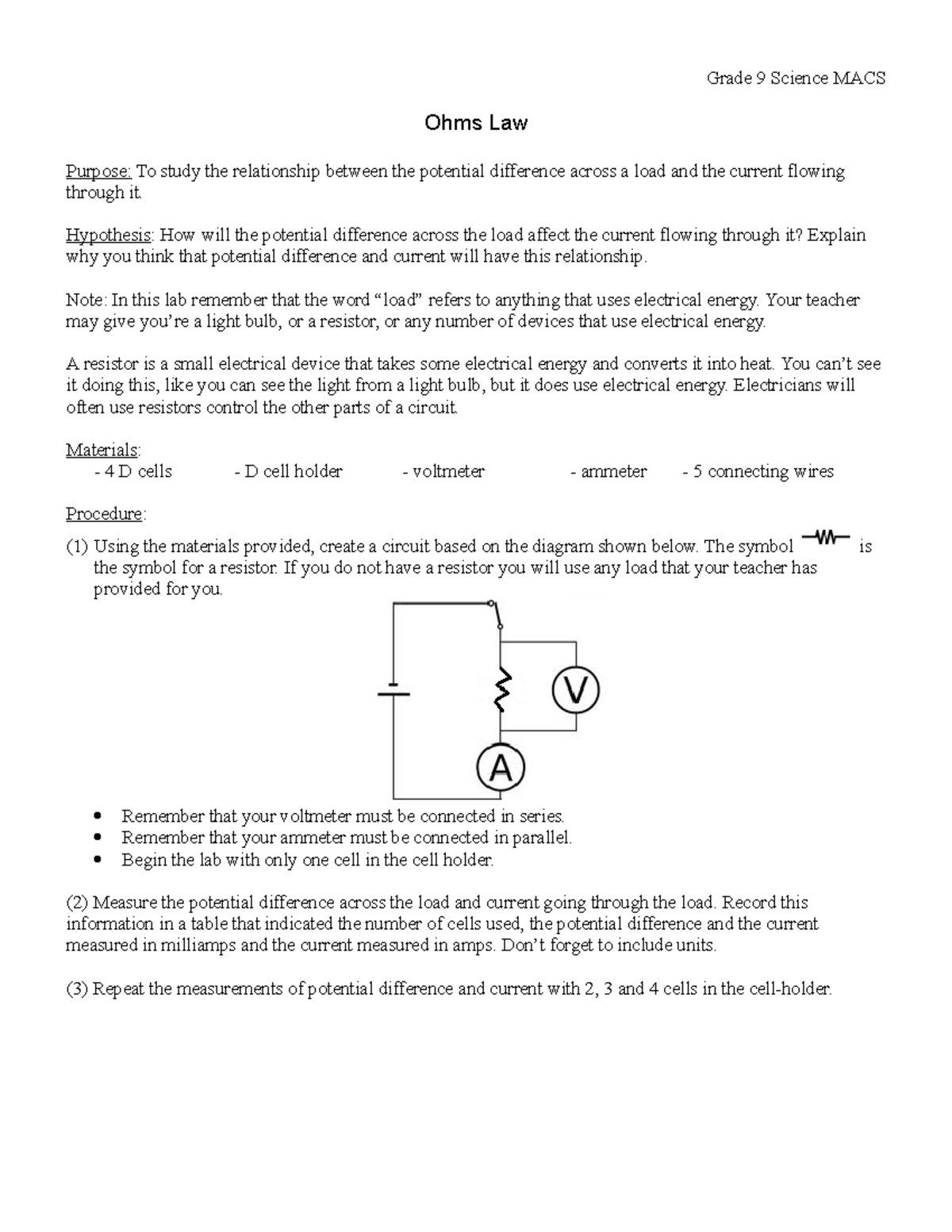 07 Ohms Law Lab MACS - Notes - Grade 9 Science MACS Ohms Law Purpose ...