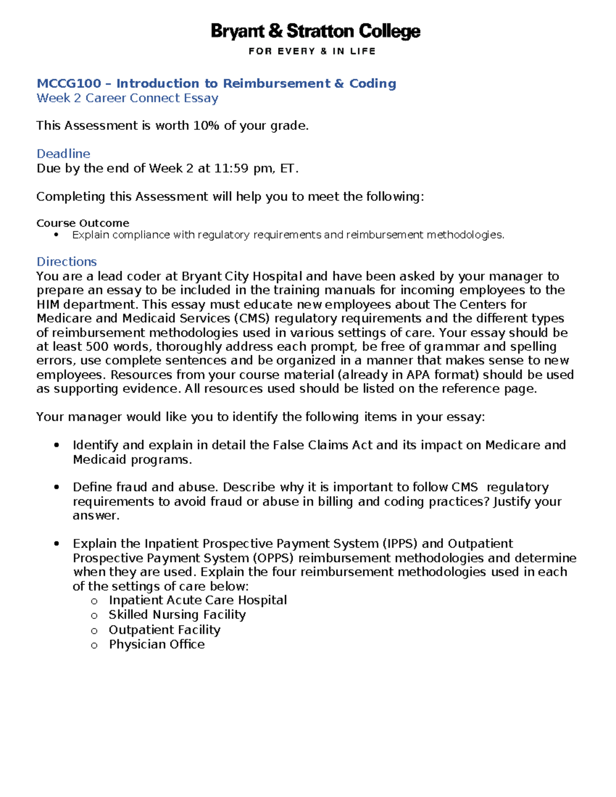 MCCG100 - Career Connect Essay - MCCG100 – Introduction to Reimbursement & Coding Week 2 Career ...